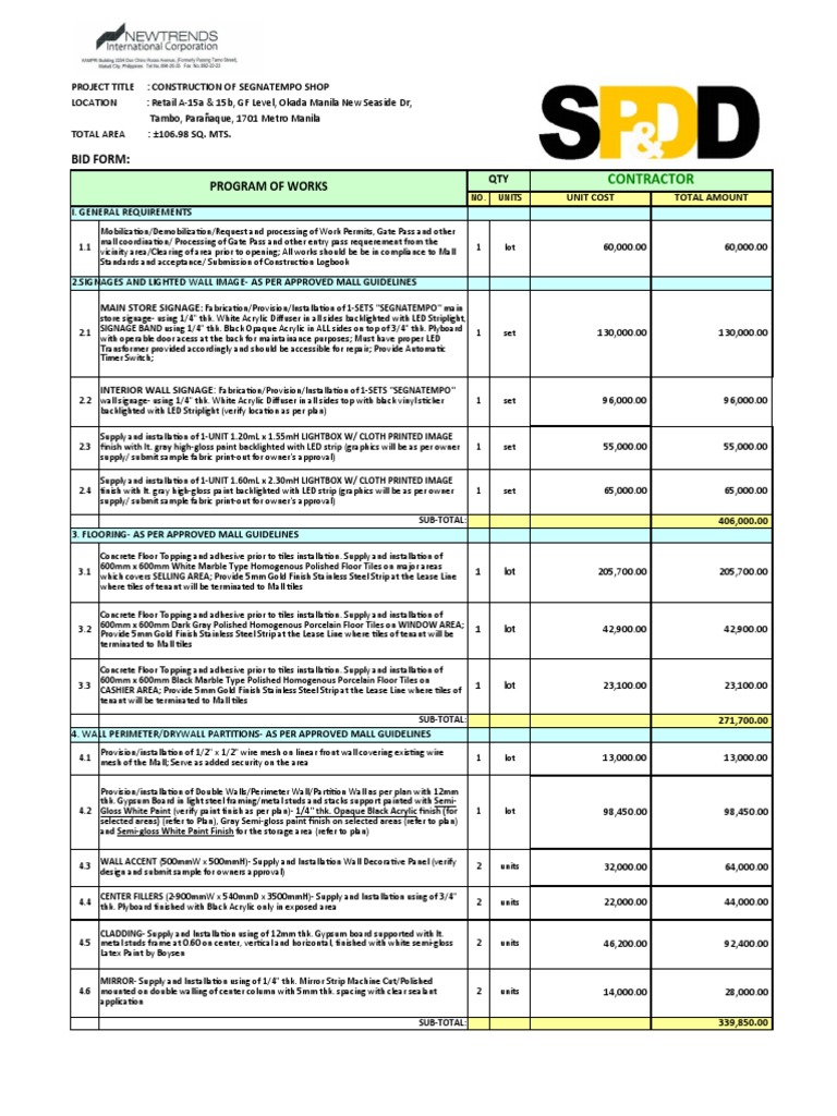 Segna Tempo - Bid Form | PDF | Paint | Tile