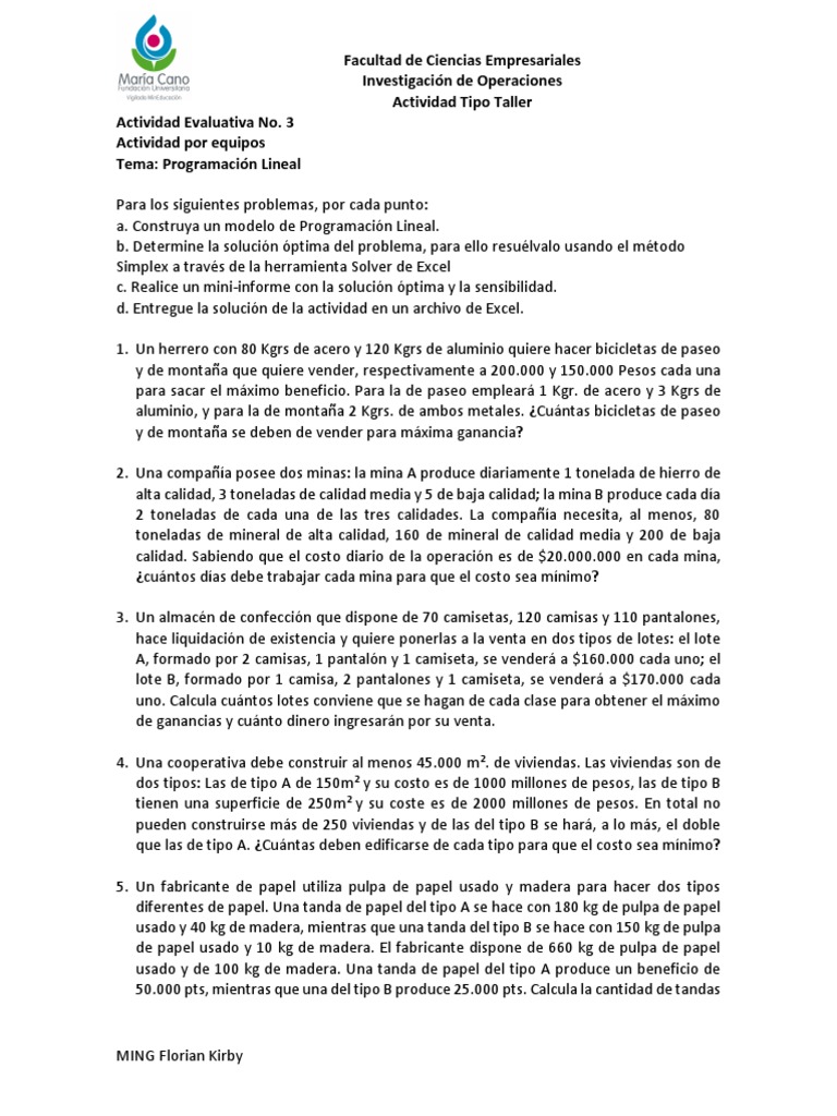 Programación Lineal - Simplex - Solver | PDF | Programación lineal Programación Lineal - Simplex - Solver | PDF | Programación lineal