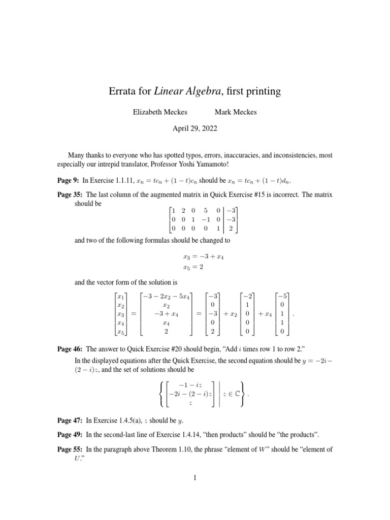 Errata - Updated April 2022 Errata For Linear Algebra, First Printing | PDF | Theorem ...