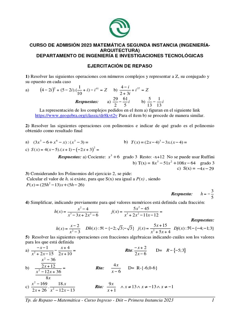 TP DE REPASO MATEMATICA INGRESO Segunda Instancia 2023 FINAL PDF | PDF | Asíntota | Ecuaciones