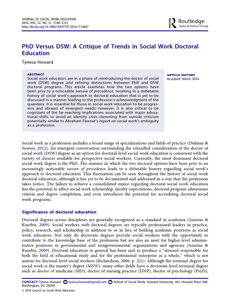 PHD Versus DSW: A Critique of Trends in Social Work Doctoral Education ...