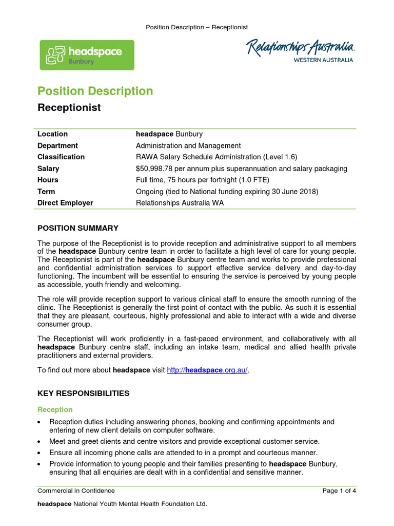 Receptionist Duties | PDF | Mental Health | Employment