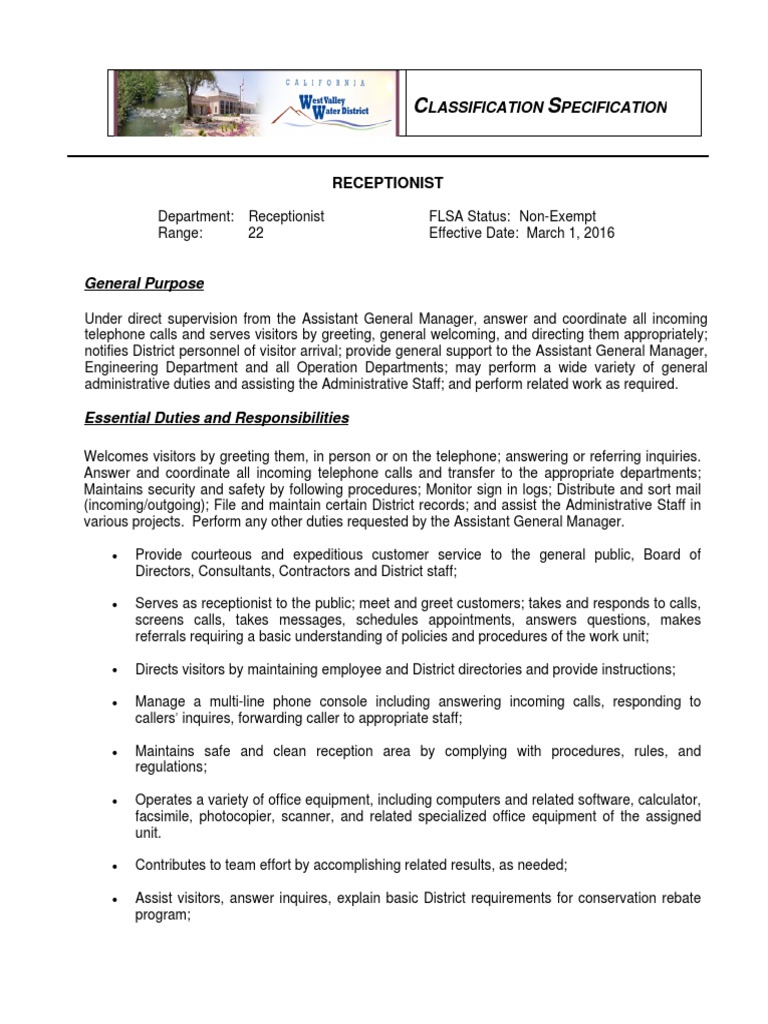 Classification and Specification of Receptionist | PDF | Employment | Fax