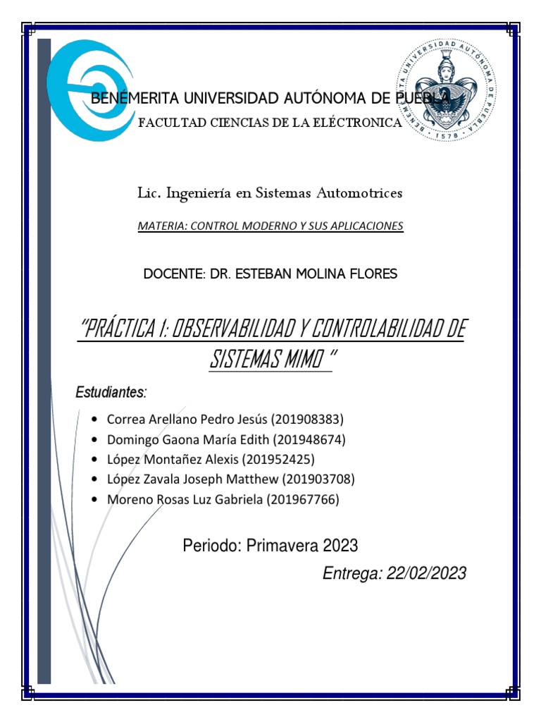 Práctica 1. Controlabilidad y Observabilidad de Sistemas MIMO PDF | PDF ...