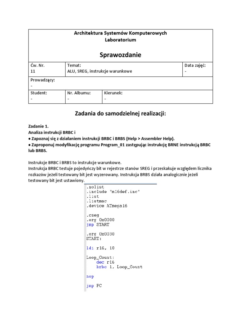 ALU, SREG, Instrukcje Warunkowe | PDF