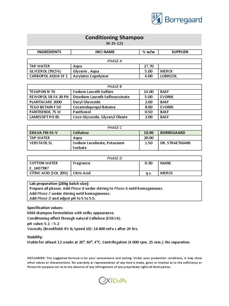 Formulation For Conditioning Shampoo With Exilva - Borregaard PDF ...
