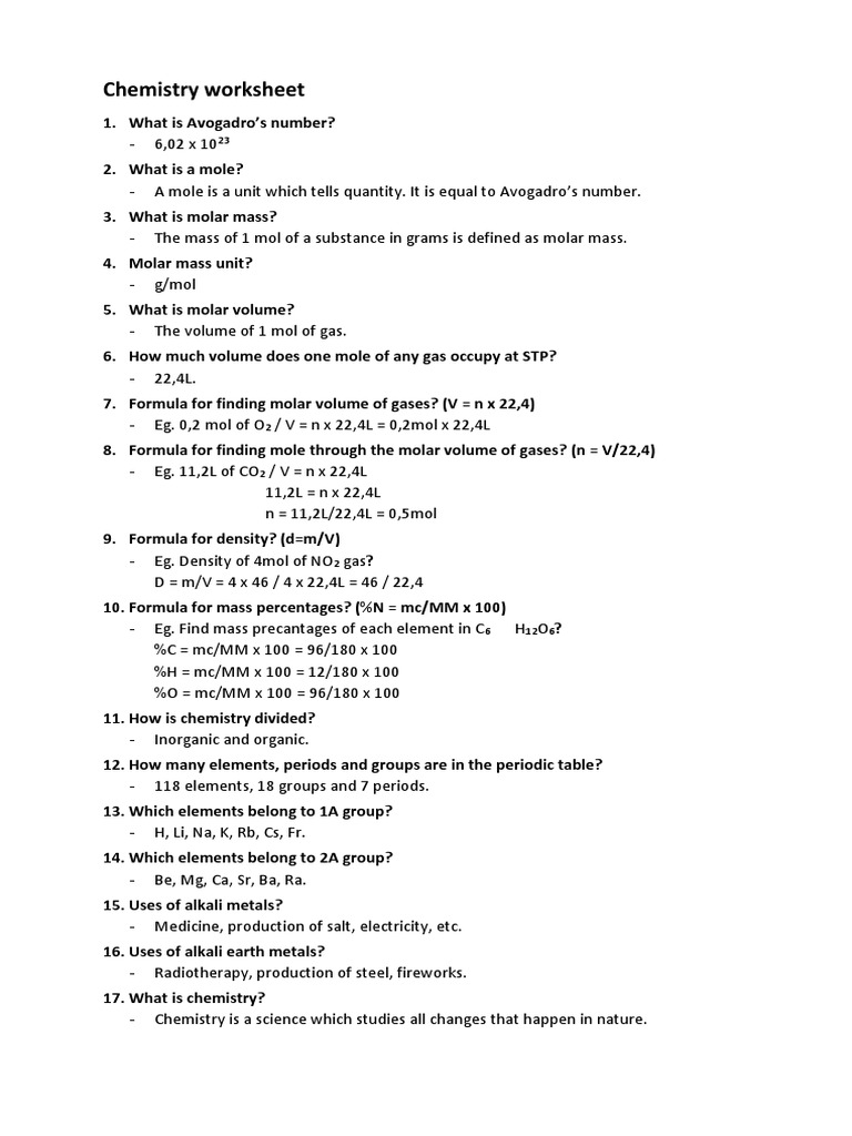 Chemistry Worksheet | PDF
