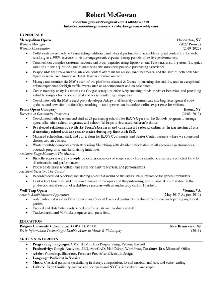 Robert Mcgowan Resume | PDF | Metropolitan Opera | Analytics