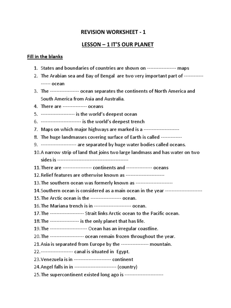 Revision Worksheet - 1 Lesson - 1 It'S Our Planet: Fill in The Blanks ...