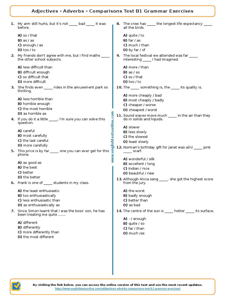 496 Adjectives Adverbs Comparisons Test B1 Grammar Exercises Pdf