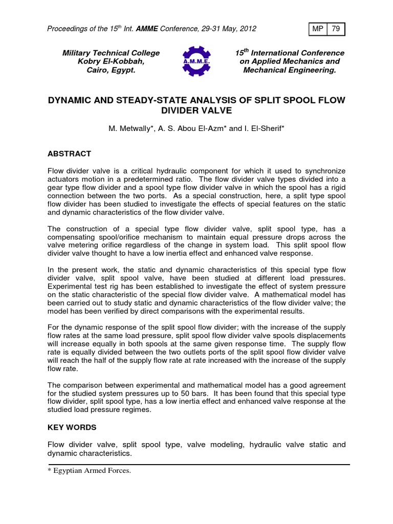 Split Spool Flow Divider Valve Analysis | PDF | Fluid Dynamics | Valve