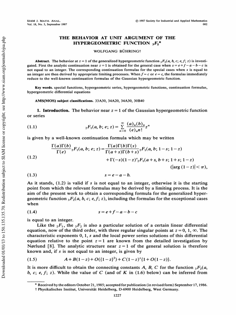 3F2 Bohring': The Behavior at Unit Argument of The Hypergeometric Function | PDF | Equations ...
