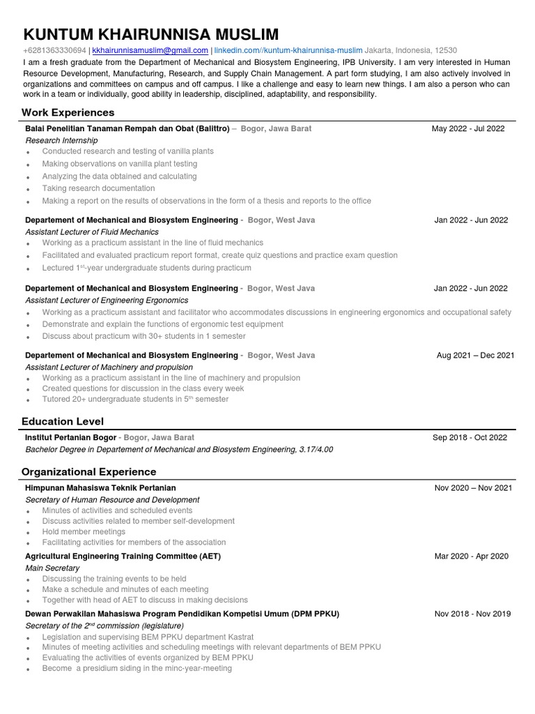 Kuntum Khairunnisa Muslim - CV | Download Free PDF | Engineering