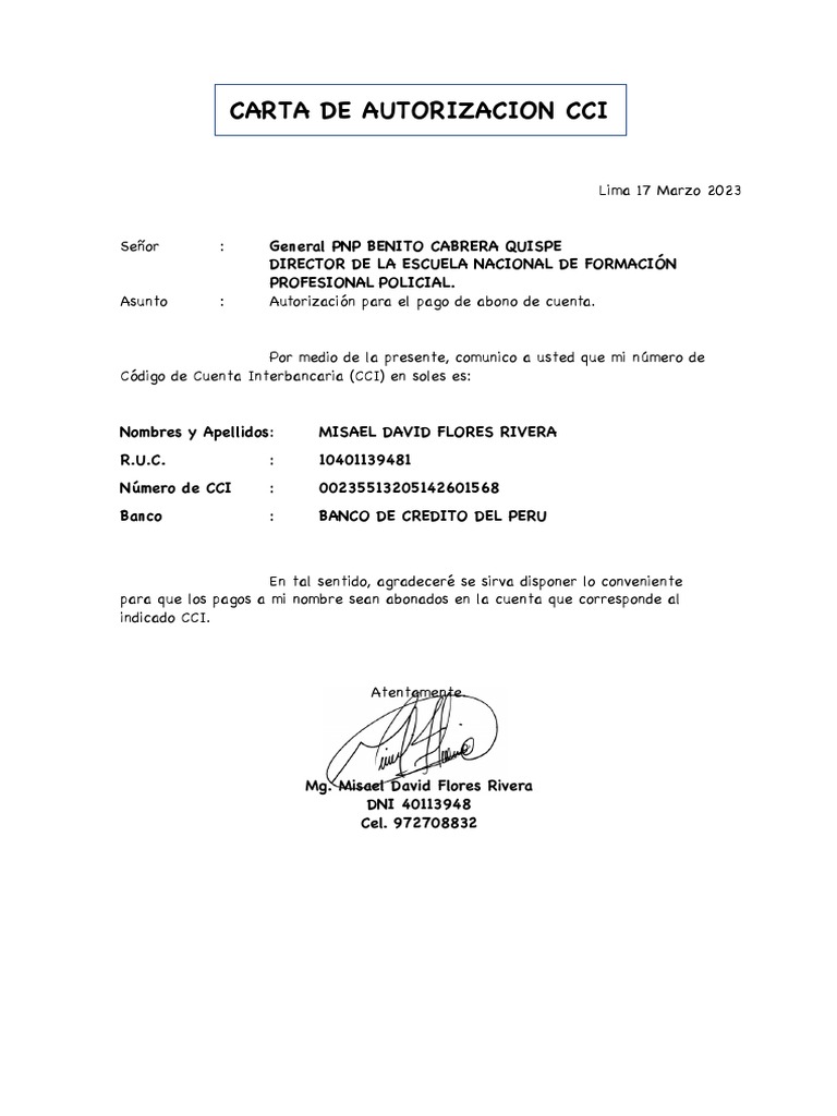 Carta de Autorizacion Cci y Rhe | PDF | Perú | Accion legal