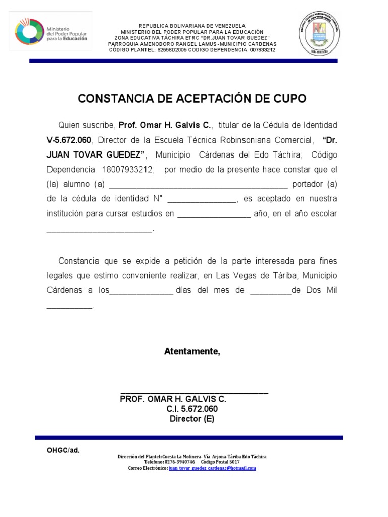 Constancia de Aceptación de Cupo Escolar | PDF | Finanzas y dinero ...