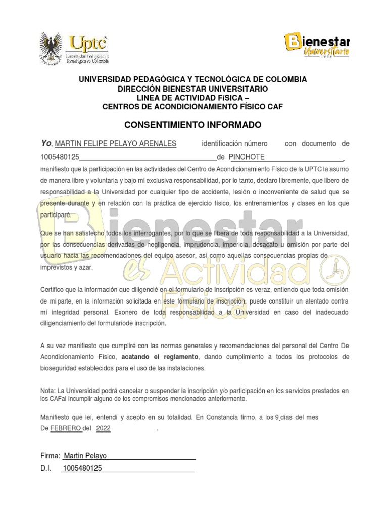 Consentimiento Informado CAF UPTC | PDF | Salud y bienestar