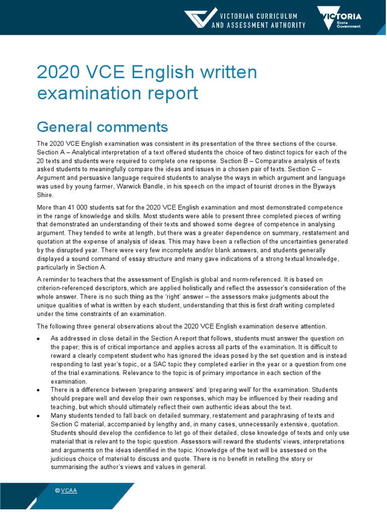2020 VCE English Written Examination Report: General Comments | PDF ...