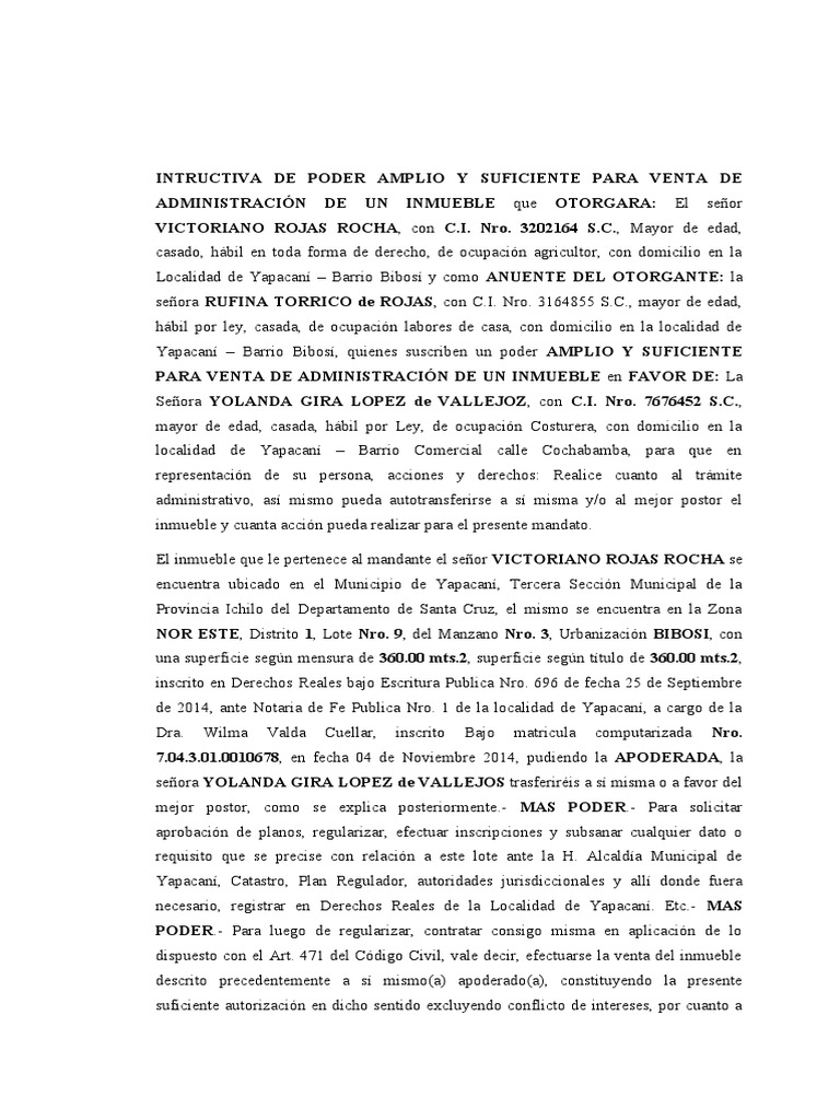INTRUCTIVA DE PODER AMPLIO Y SUFICIENTE PARA VENTA DE ADMINISTRACIÓN DE ...