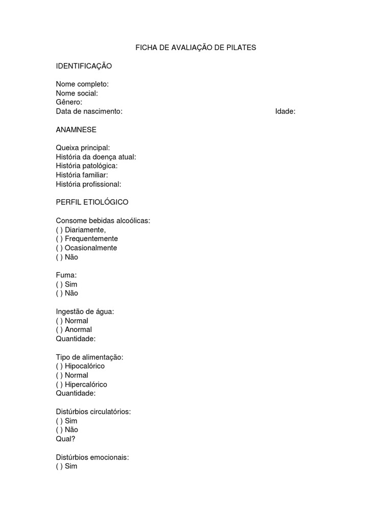 Ficha de Avaliação de Pilates PDF | PDF | Pilates | Escoliose Ficha de Avaliação de Pilates PDF | PDF | Pilates | Escoliose
