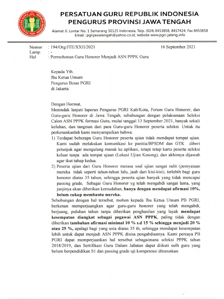 Surat No. 194 - PB Pgri - Perihal Permohonan Guru Honorer Jadi Asn PDF | PDF