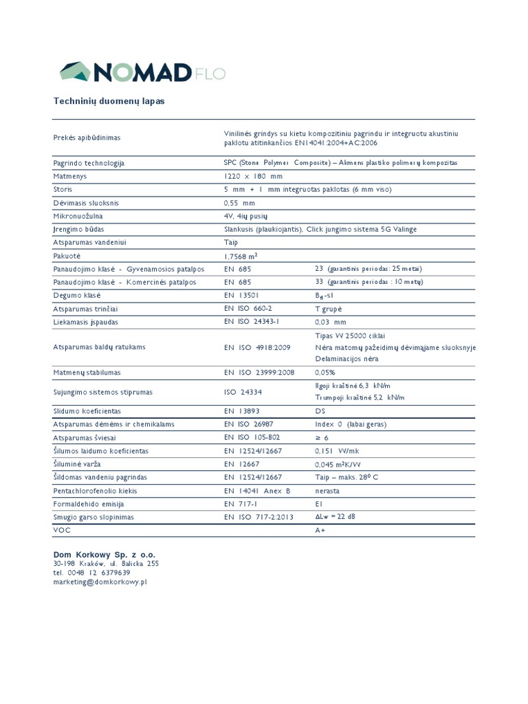 Nomad Flo SPC Vinilin - S Grindys - Techninis Duomen - Lapas PDF | PDF