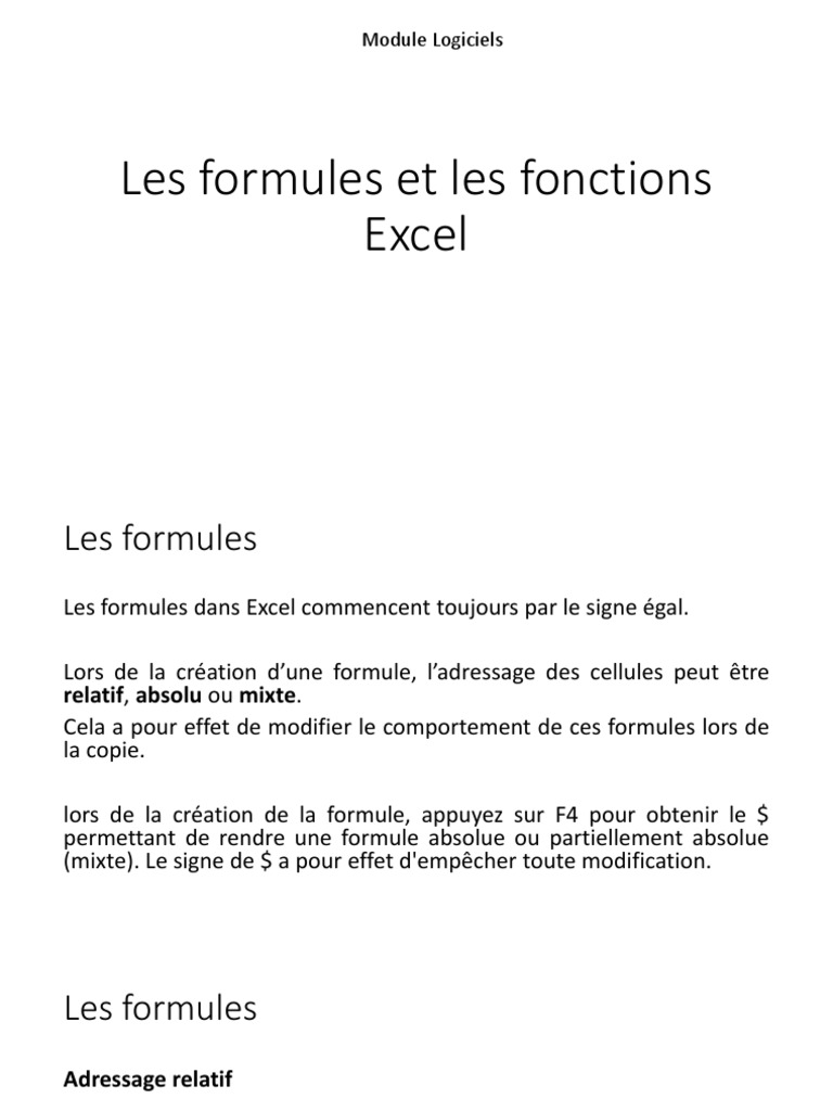 Les Formules Et Les Fonctions Excel | PDF | Loi de probabilité ...