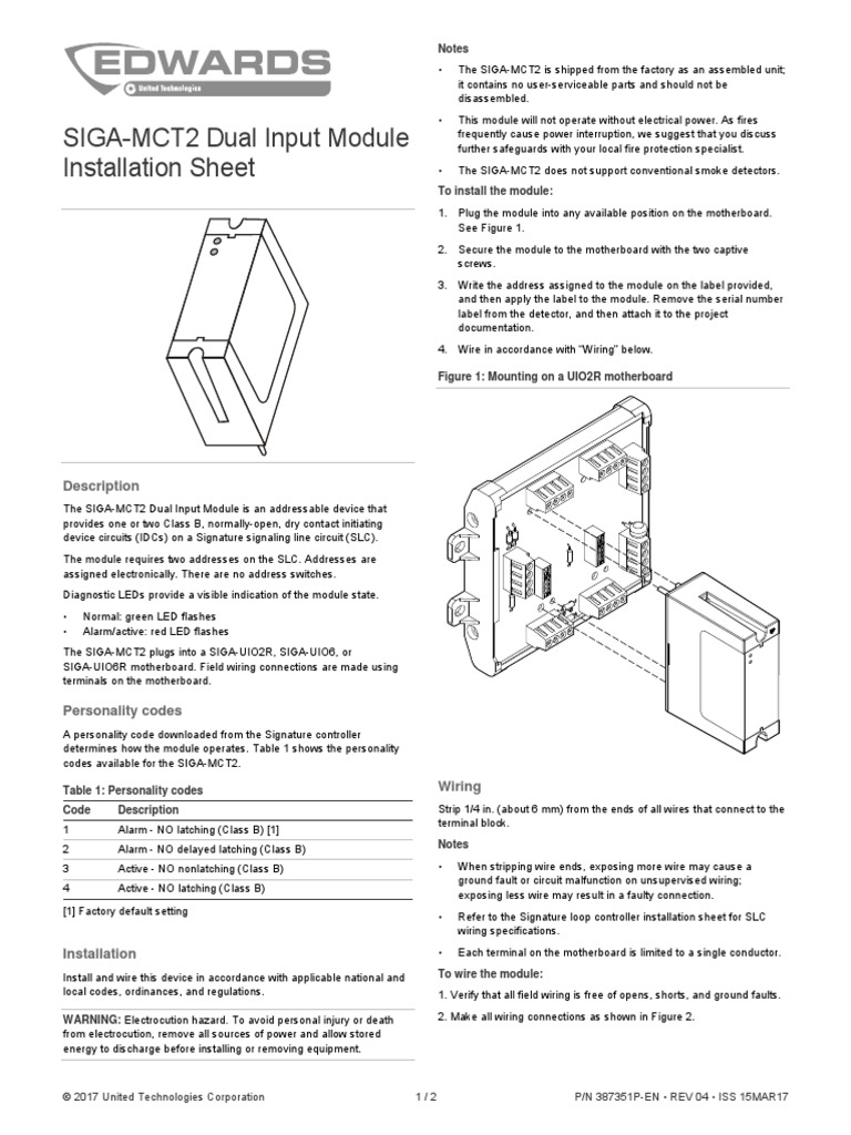387351P-EN R04 SIGA-MCT2 Dual Input Module Installation Sheet PDF | PDF | Electrical Wiring ...