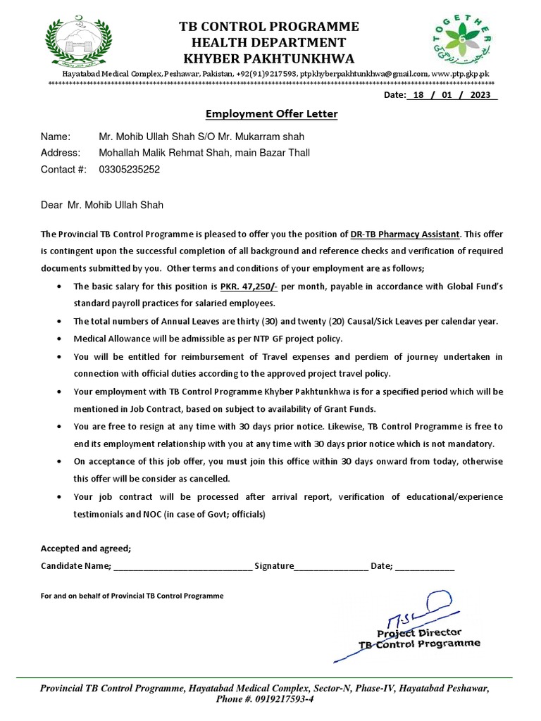 Employment Offer Letter for the Position of DR-TB Pharmacy Assistant at ...