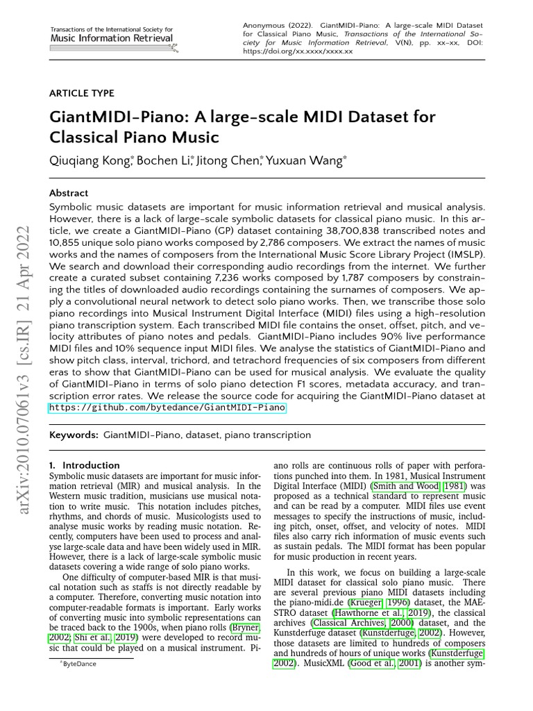 Large-scale MIDI Dataset for Classical Piano Music | PDF | Performing ...