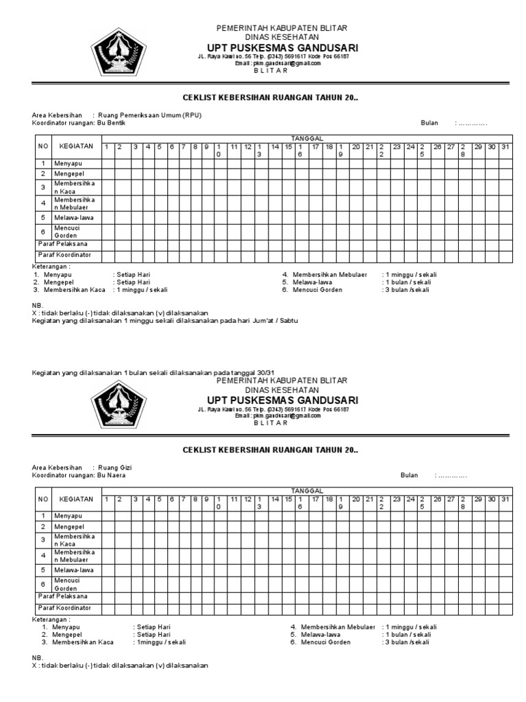 CEKLIST KEBERSIHAN MASING MASING RUANGAN | PDF
