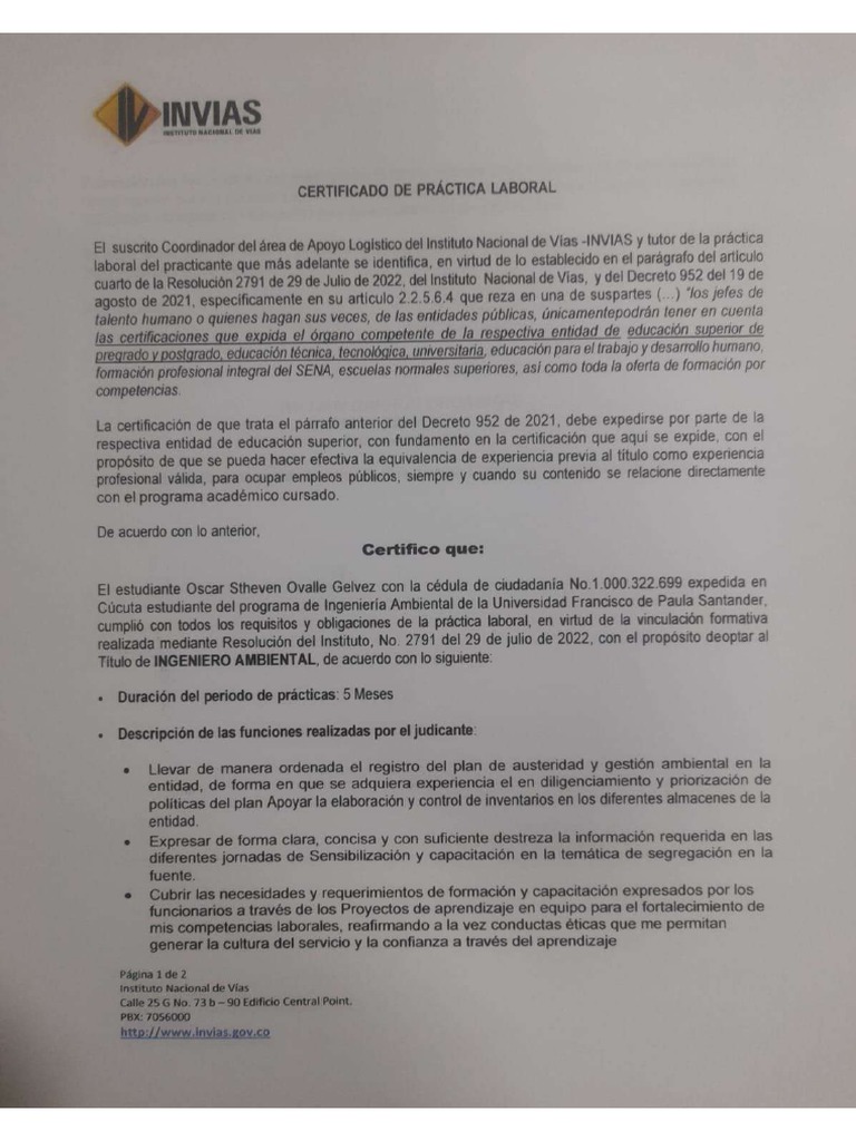 Certificado Invias Con Resolucion | PDF | Finanzas y dinero