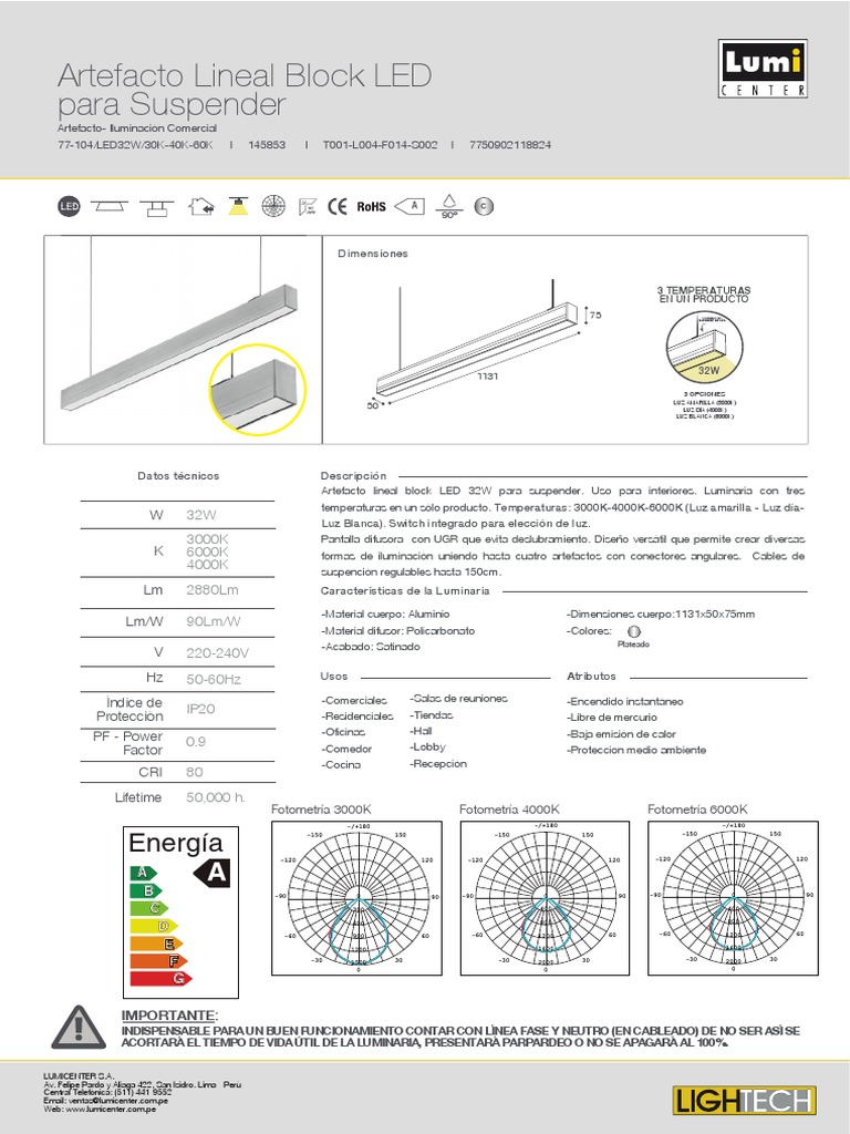 Artefacto Lineal Block LED para Suspender: Energía | PDF | Diodo emisor ...