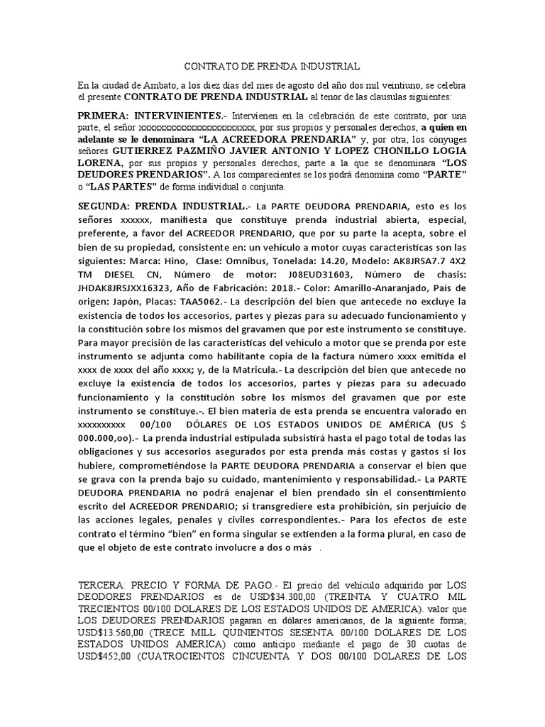 CONTRATO DE PRENDA INDUSTRIAL.docx | PDF | Pagos | Derecho civil ...