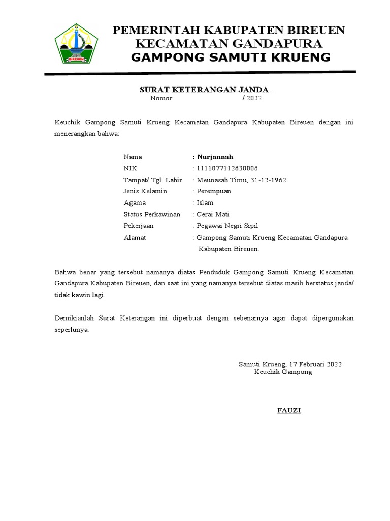 SURAT KETERANGAN JANDA.doc | PDF