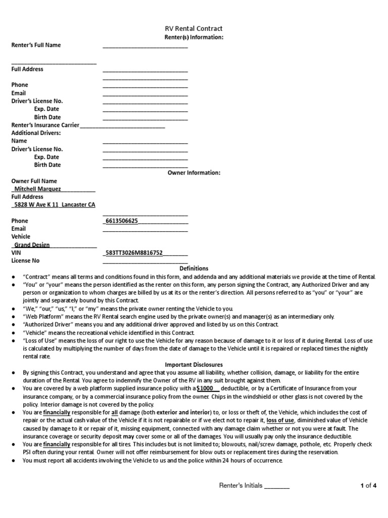 GD RV Rental Contract Blank | PDF | Insurance | Fee