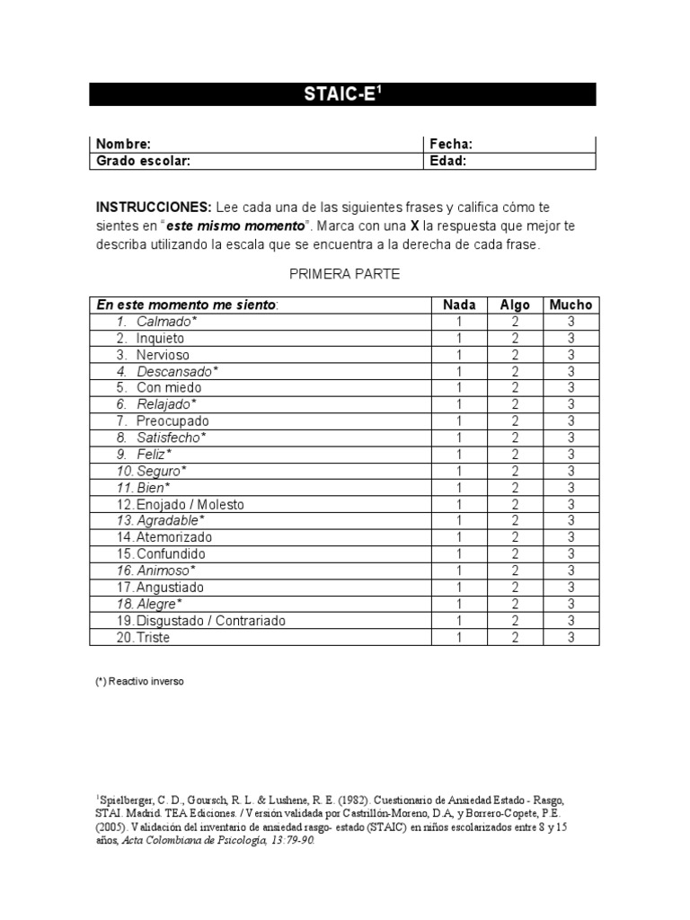 STAIC-E.R-Ansiedad Infantil | PDF