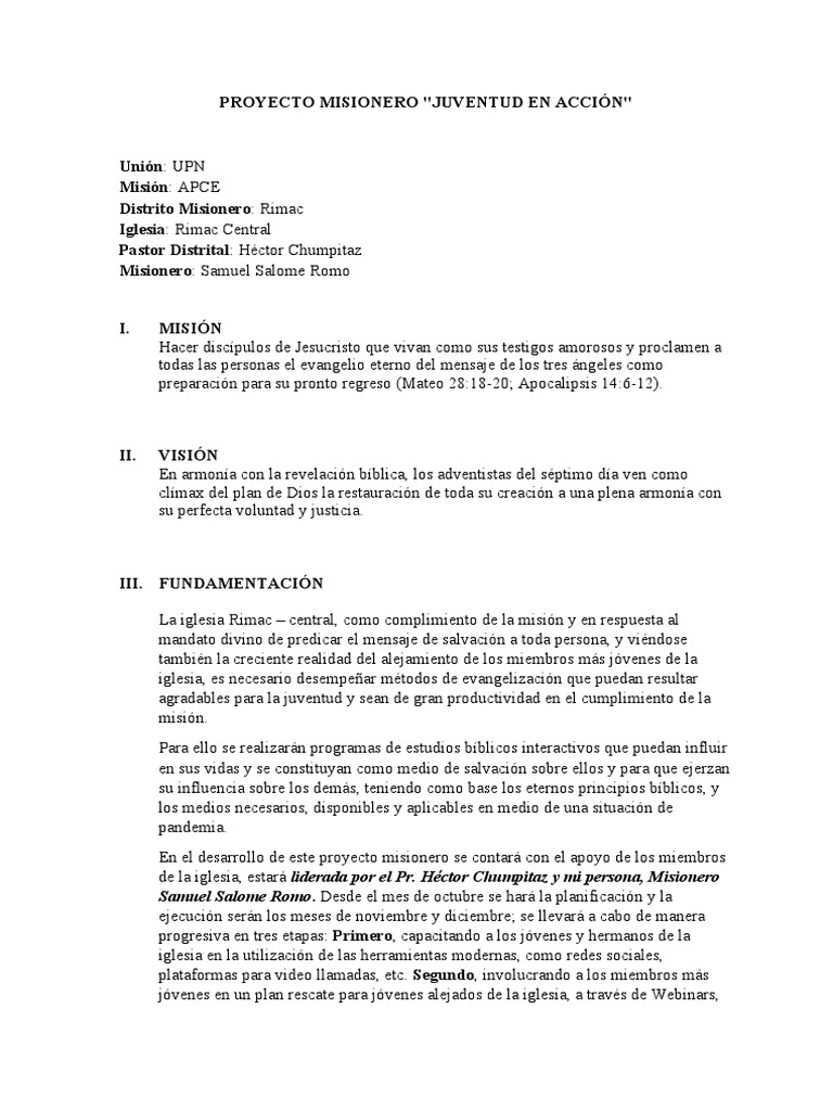 Proyecto Misionero - Samuel Salome Romo | PDF | Misionero