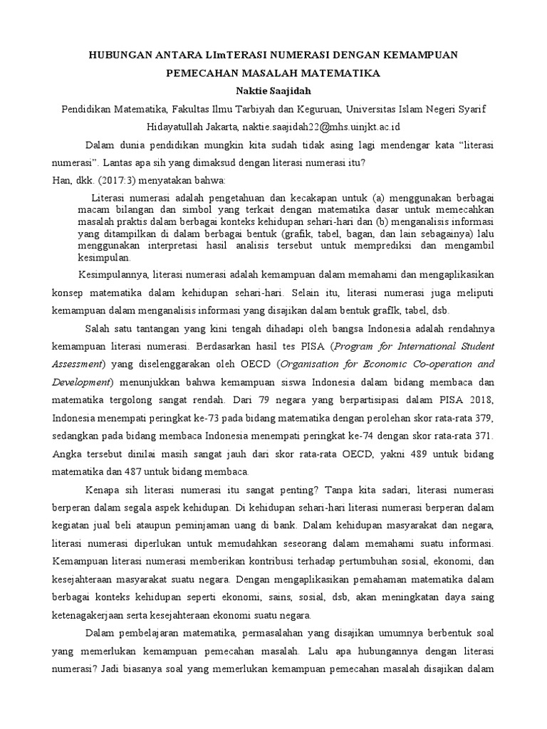Artikel Hubungan Antara Literasi Numerasi Dengan Kemampuan Pemecahan Masalah Matematis | PDF