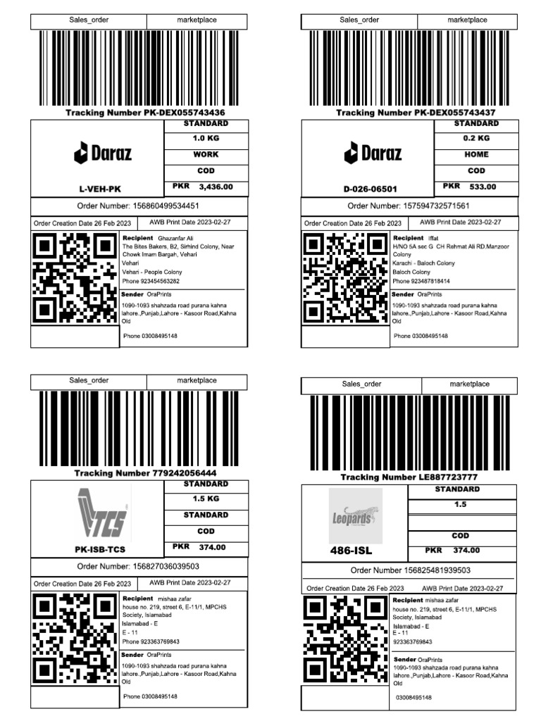 Shipping Label 6 Orders Daraz 27-02-2023 | PDF