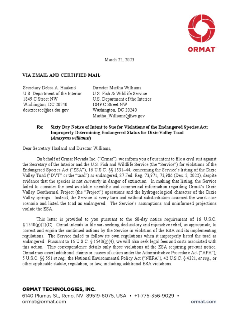 Ormat - ESA 60-Day Notice Letter To USFWS (23 March 2023) | PDF ...