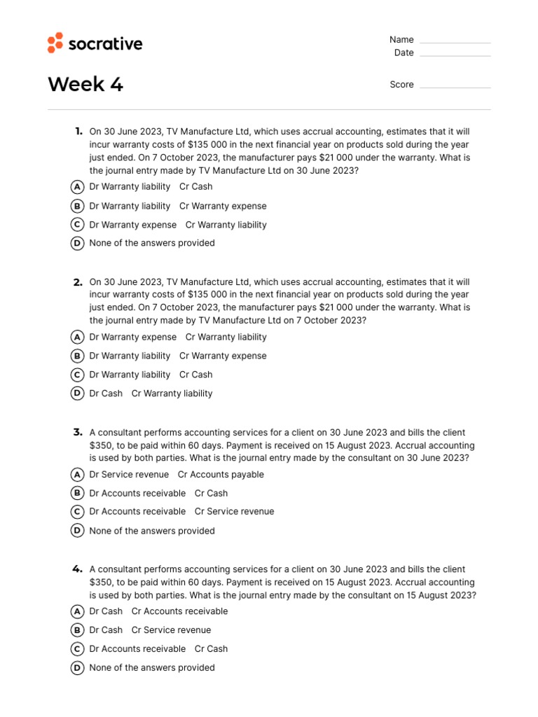 Socrative Quiz - Week 4 (With Solution) | PDF | Expense | Debit Card