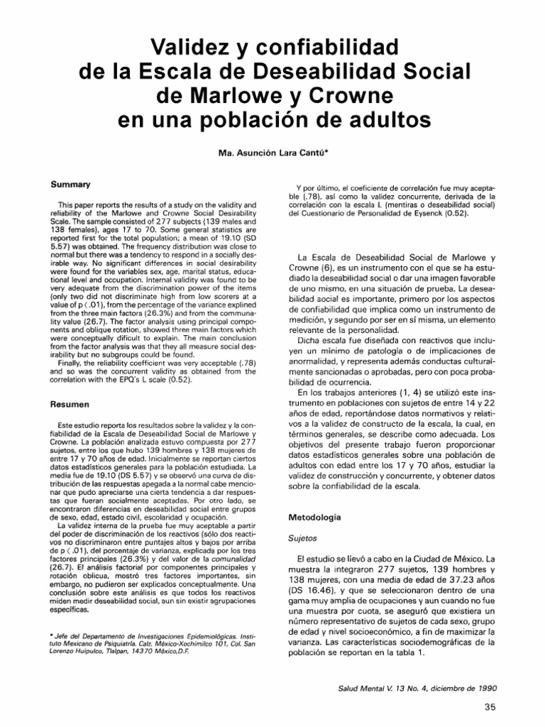 1990 - Validez y Confiabilidad de La Escaala de Deseabilidad Social de ...