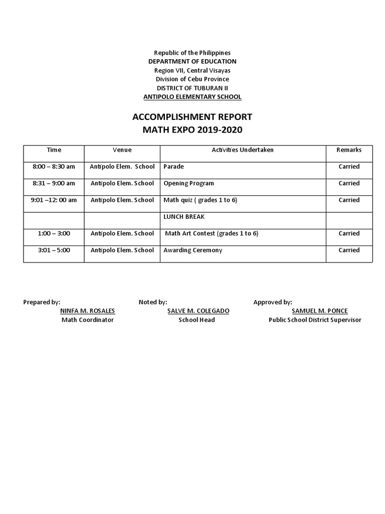 Accomplishment Report in Math Expo | PDF