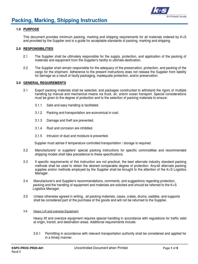 KSPC Packing Marking Shipping Instruction | PDF | Cargo | Pallet