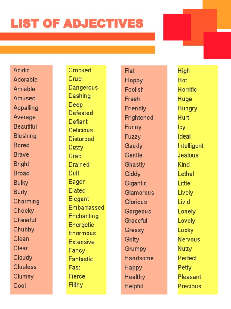 Comprehensive Adjective List PDF | PDF | Cooking, Food & Wine