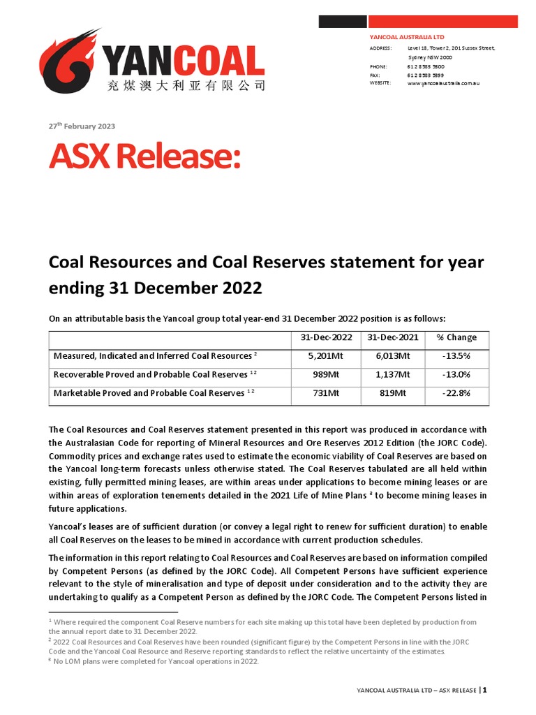 Yancoal Coal Reserves Report 2022 | PDF | Mining | Minerals