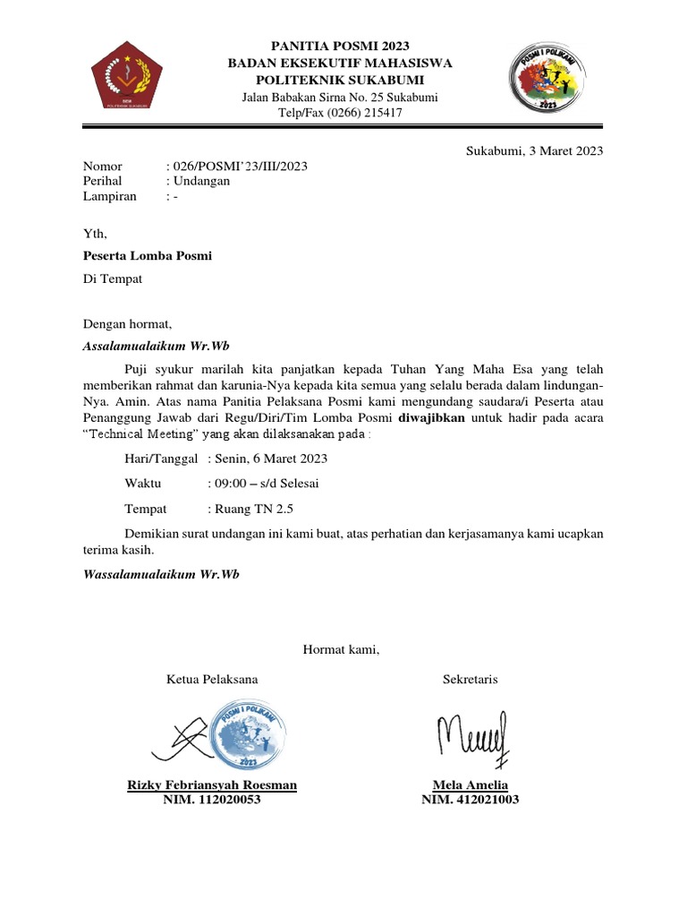 Surat Undangan Technical Meeting Peserta Lomba PDF | PDF