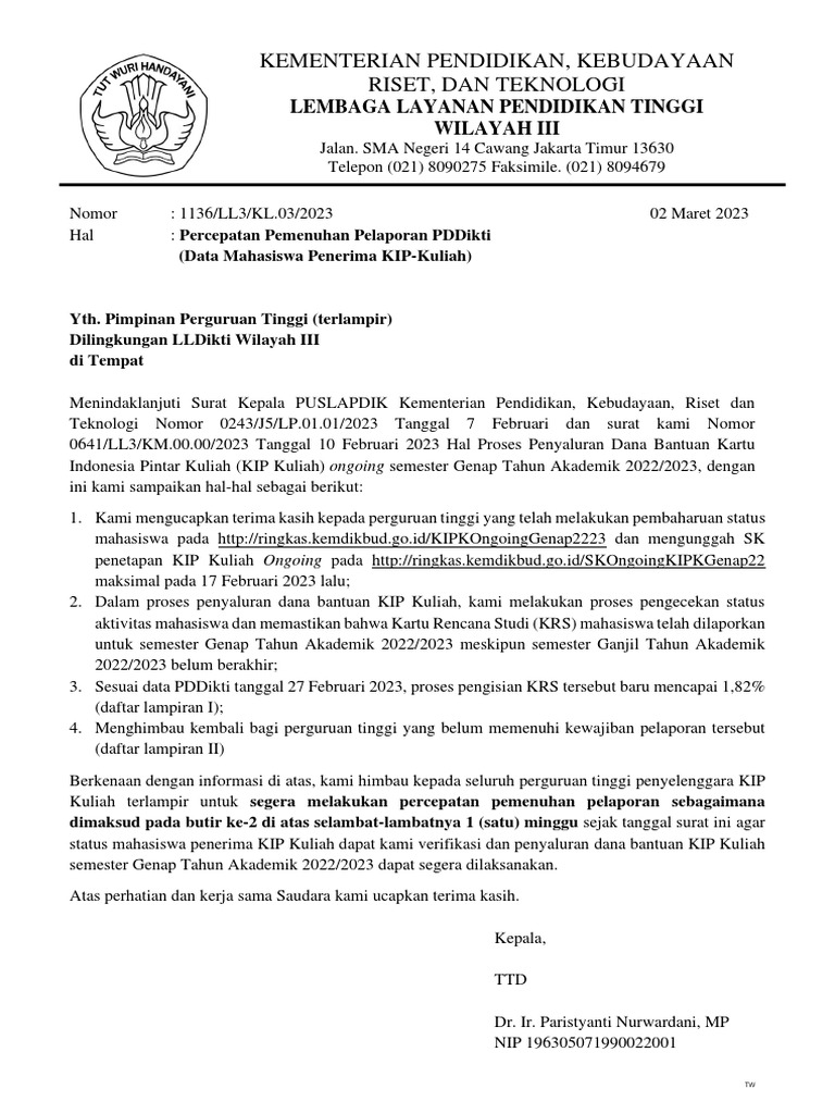 Surat Pemberitahuan Percepatan Pelaporan PDDikti KIP Kuliah PDF | PDF