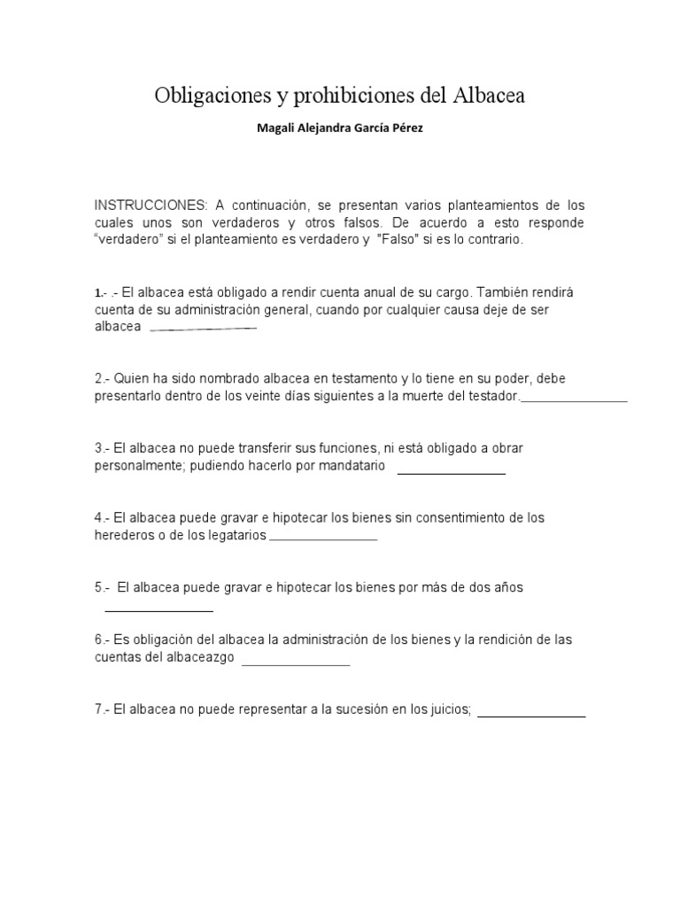 Obligaciones y Prohibiciones Del Albacea | PDF