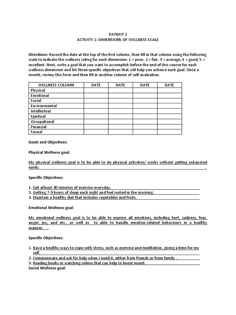 Dimensions of Wellness Goals and Objectives | PDF | Goal | Resource